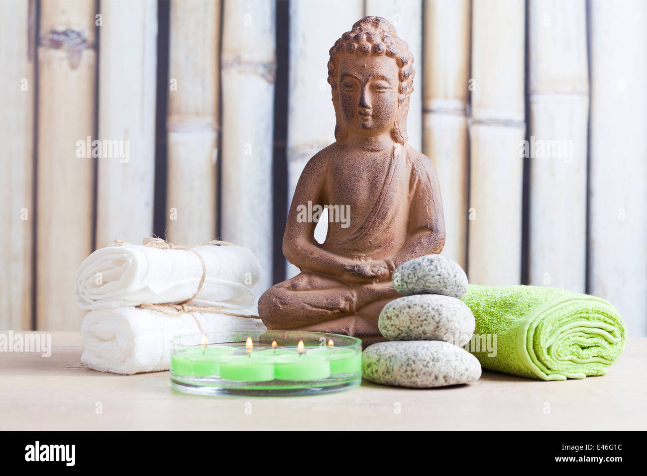 buddha statue and spa items in sauna, relaxation background Stock Photo ...