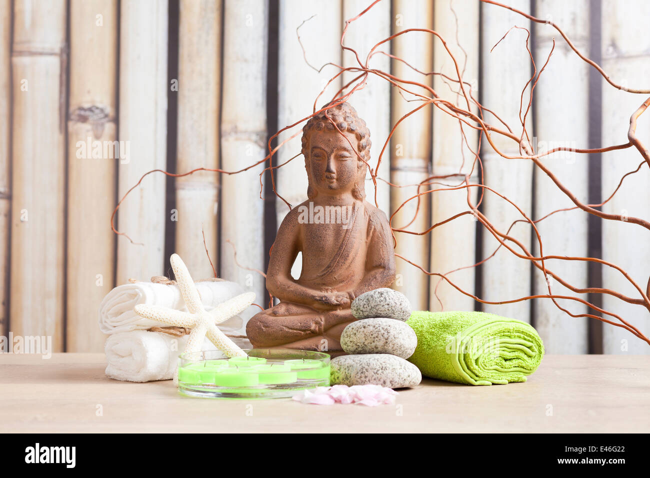 buddha statue and spa items in sauna, relaxation background Stock Photo ...