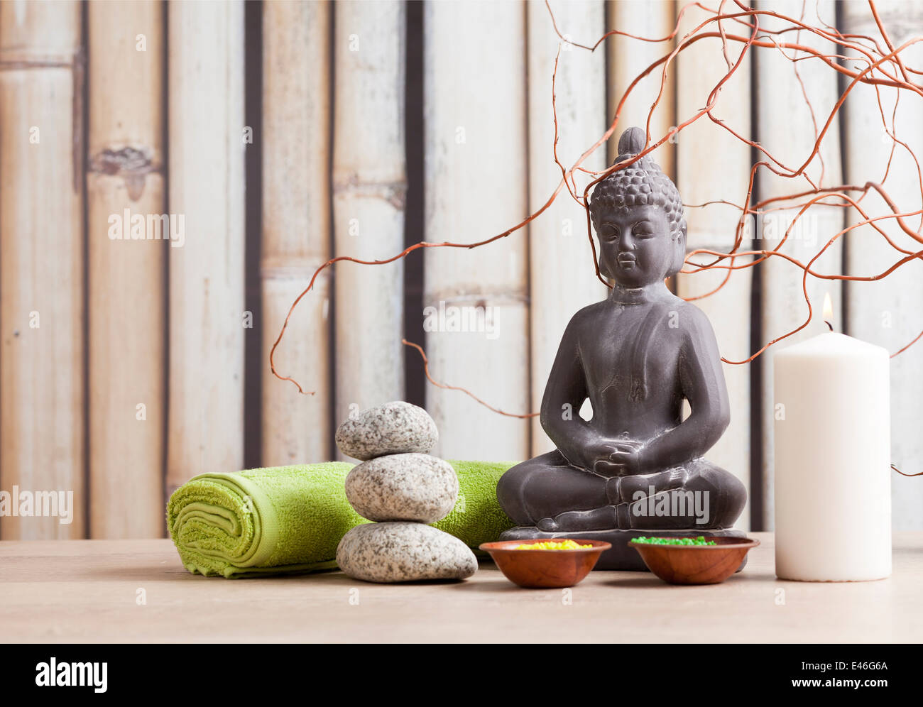 buddha statue and spa items in sauna, relaxation background Stock Photo ...