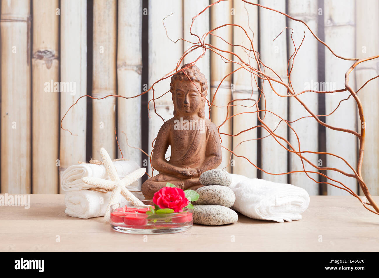 buddha statue and spa items in sauna, relaxation background Stock Photo ...