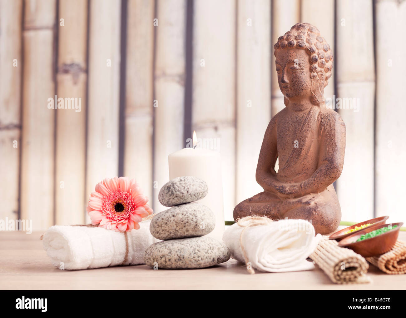 buddha statue and spa items in sauna, relaxation background Stock Photo ...