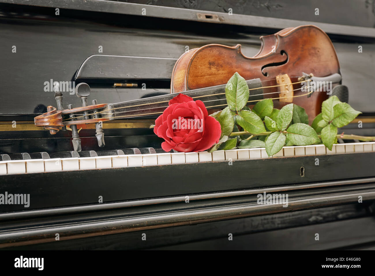 Composition piano keyboard red rose and violin Stock Photo - Alamy