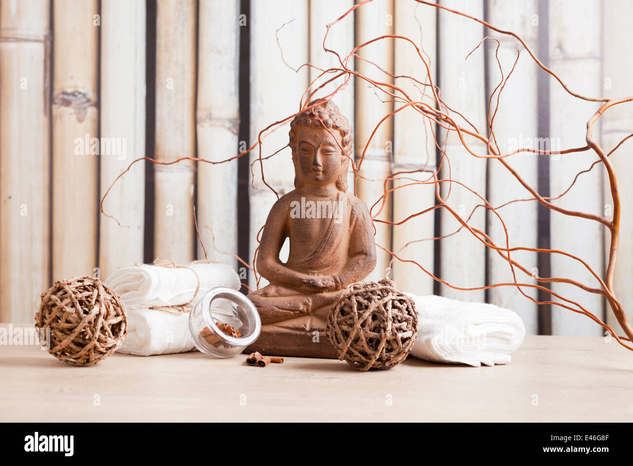 buddha statue and spa items in sauna, relaxation background Stock Photo ...