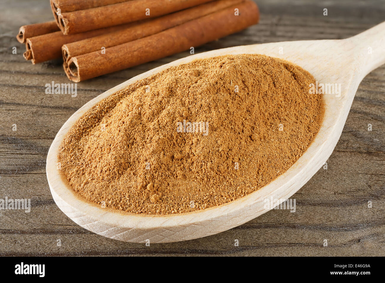 close up cinnamon spoon on wood table Stock Photo - Alamy