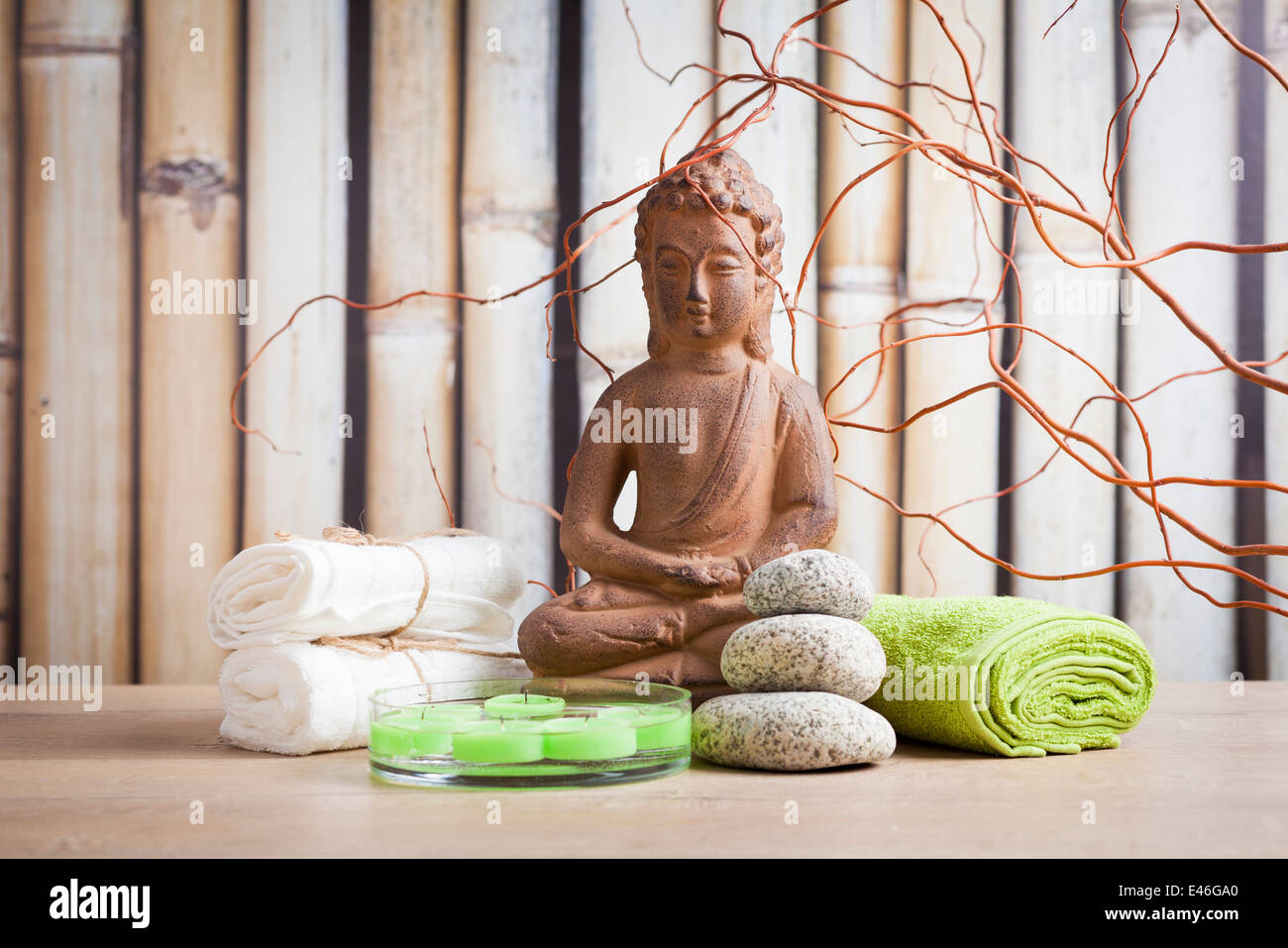 buddha statue and spa items in sauna, relaxation background Stock Photo ...