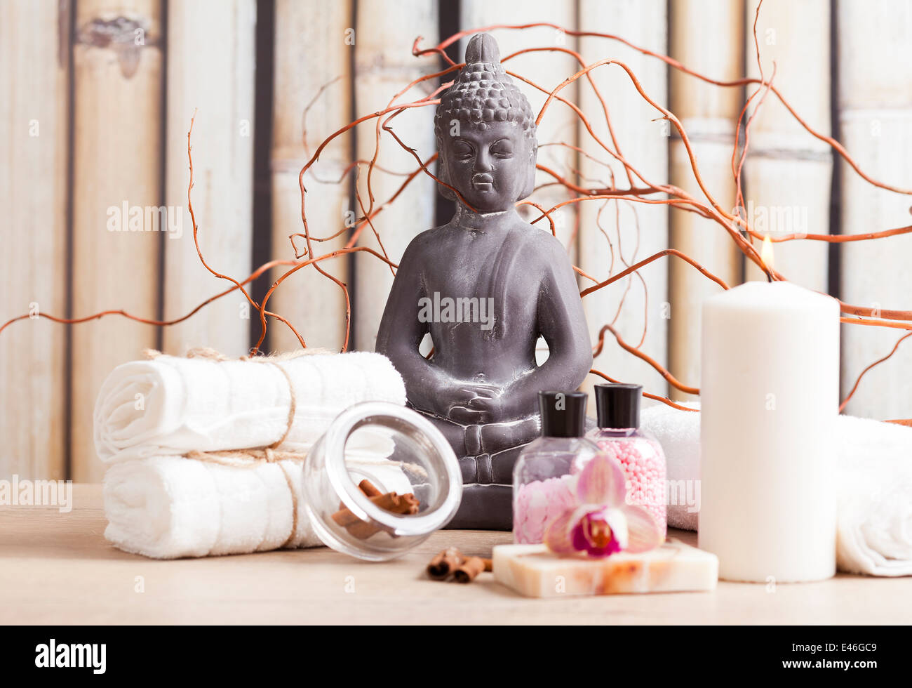 buddha statue and spa items in sauna, relaxation background Stock Photo ...