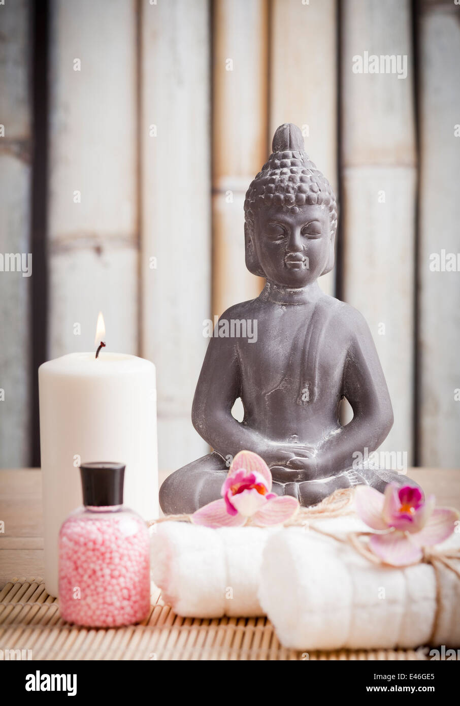 buddha statue and spa items in sauna, relaxation background Stock Photo ...
