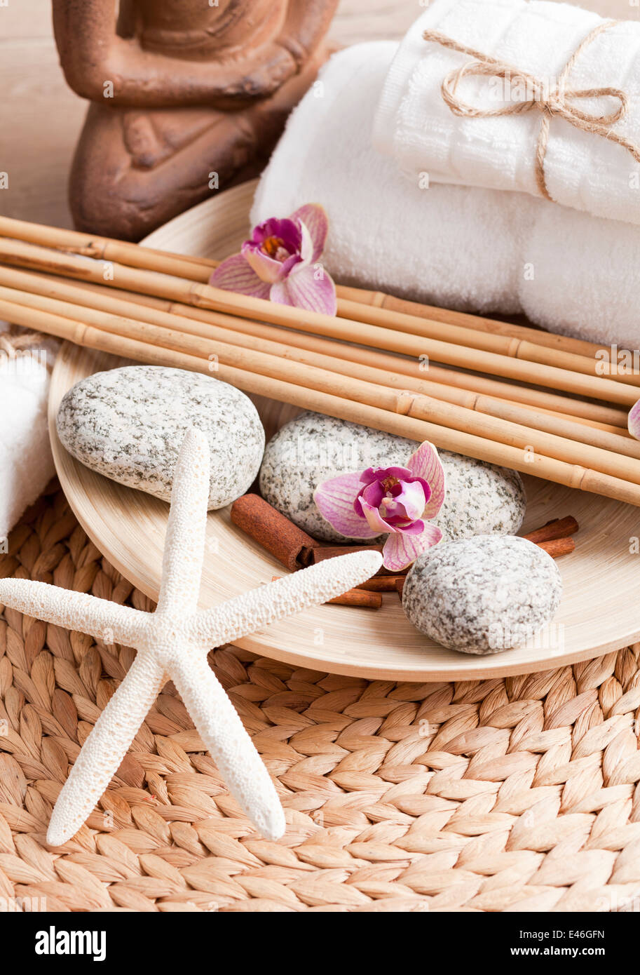 buddha statue and spa items in sauna, relaxation background Stock Photo ...