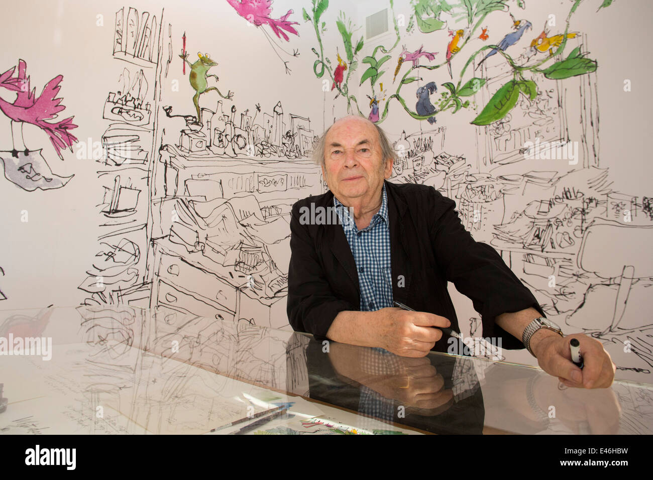 Illustrator Sir Quentin Blake poses in front of an illustration of his ...
