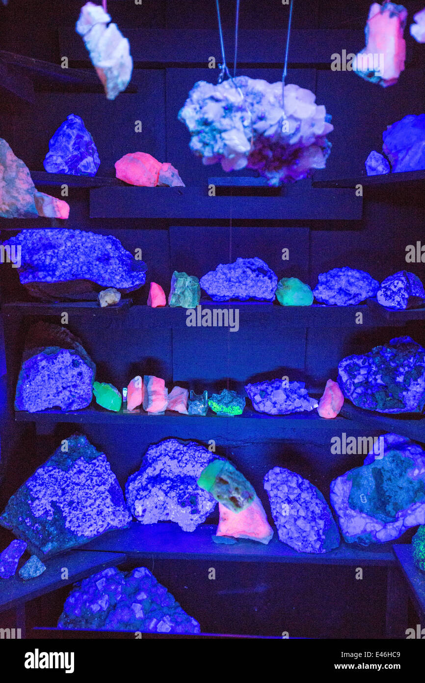 flourescent minerals glowing in ultra violet light at the Threlkeld ...