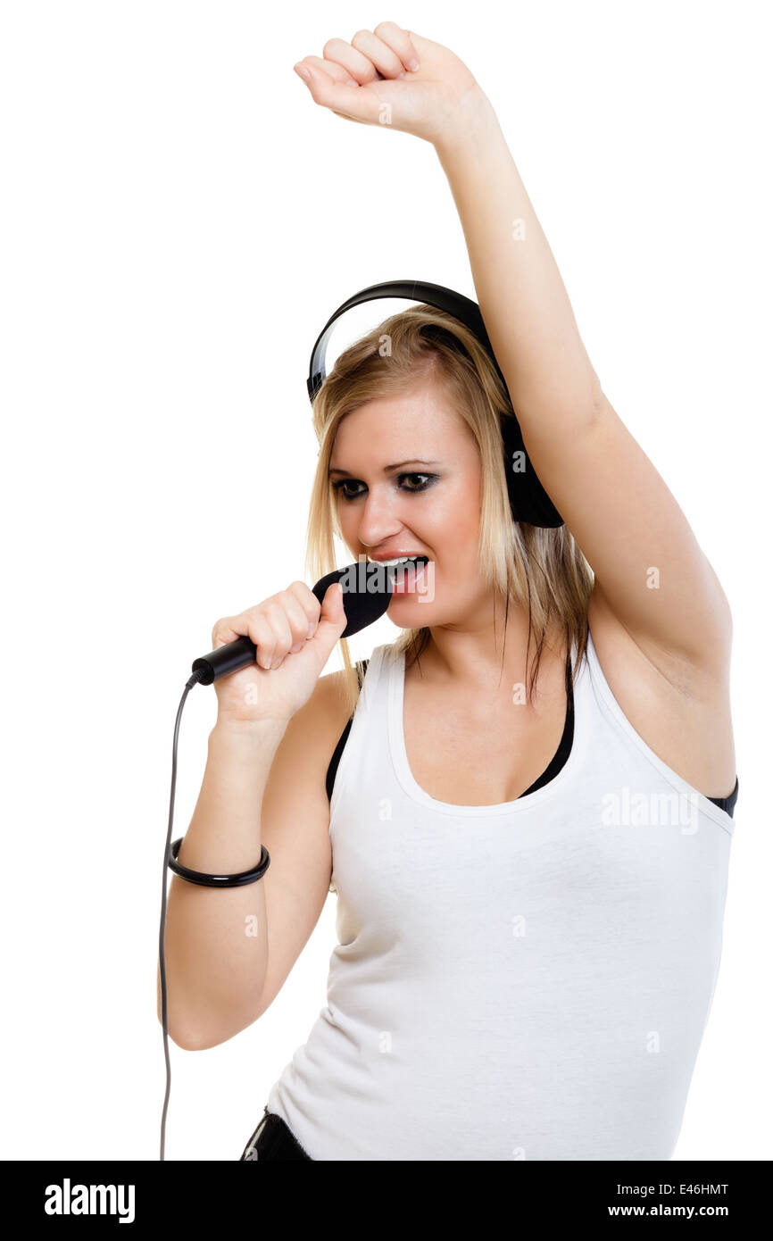 emotional blonde girl singer performer musician singing a song to ...