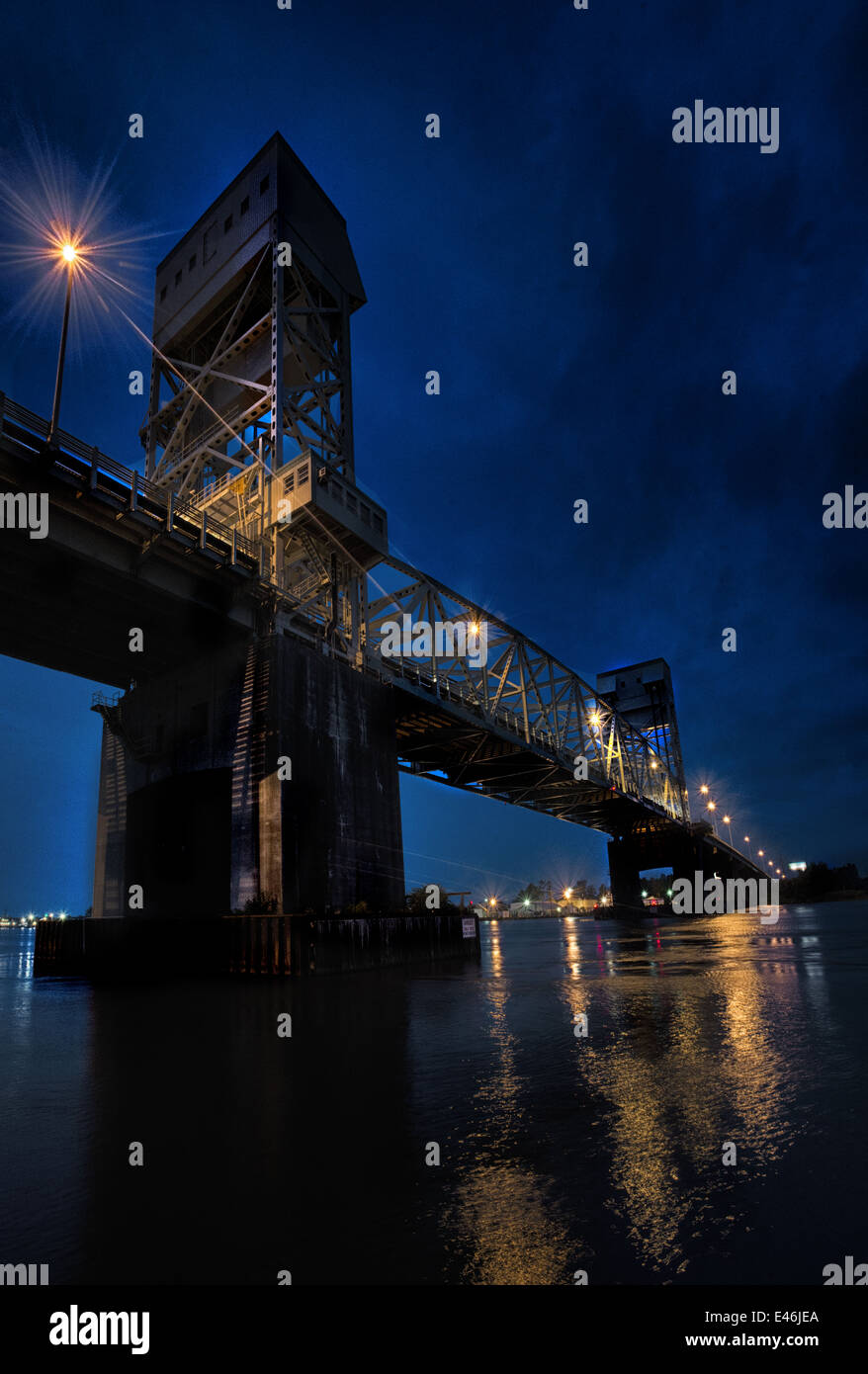 A dramatic,night time,panoramic view of The Cape Fear Memorial Bridge ...