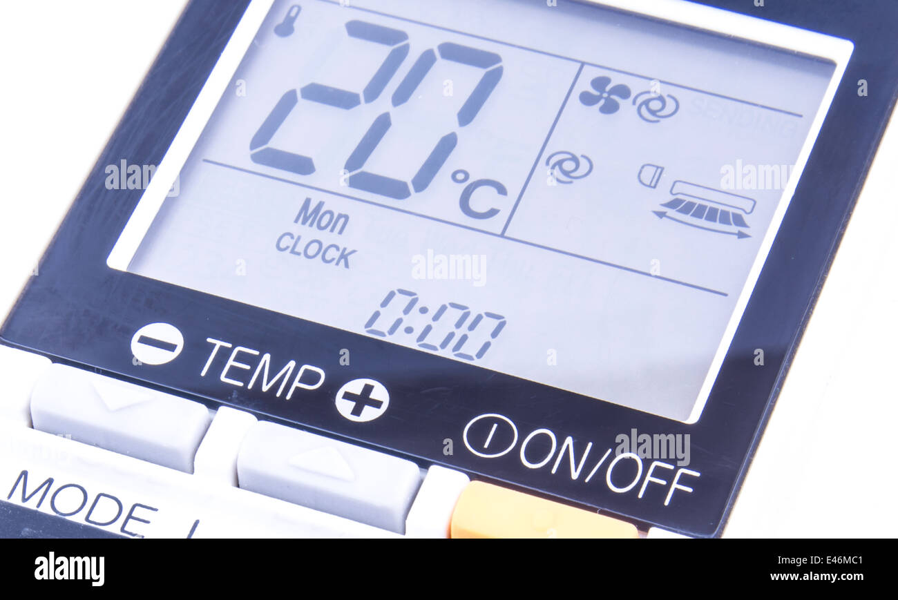 the temperature screen of air conditioning remote control on the white ...