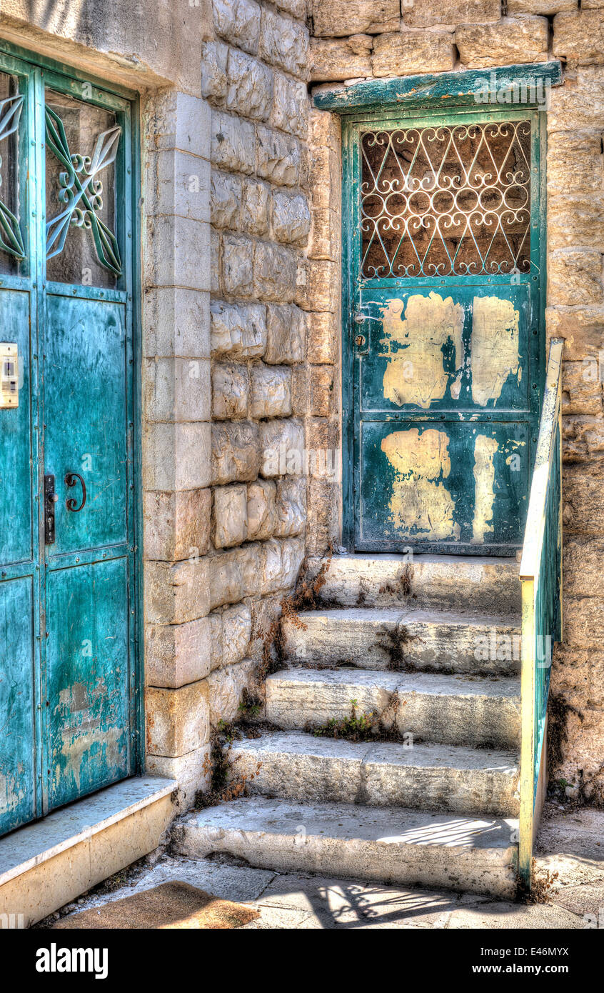 Entry doors to homes in an alleyway in old city, Nazareth, Israel Stock ...