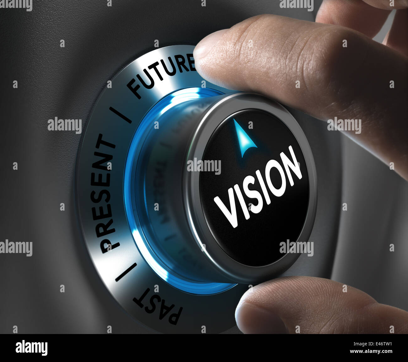 Button vision pointing the future with blur effect plus blue and grey ...