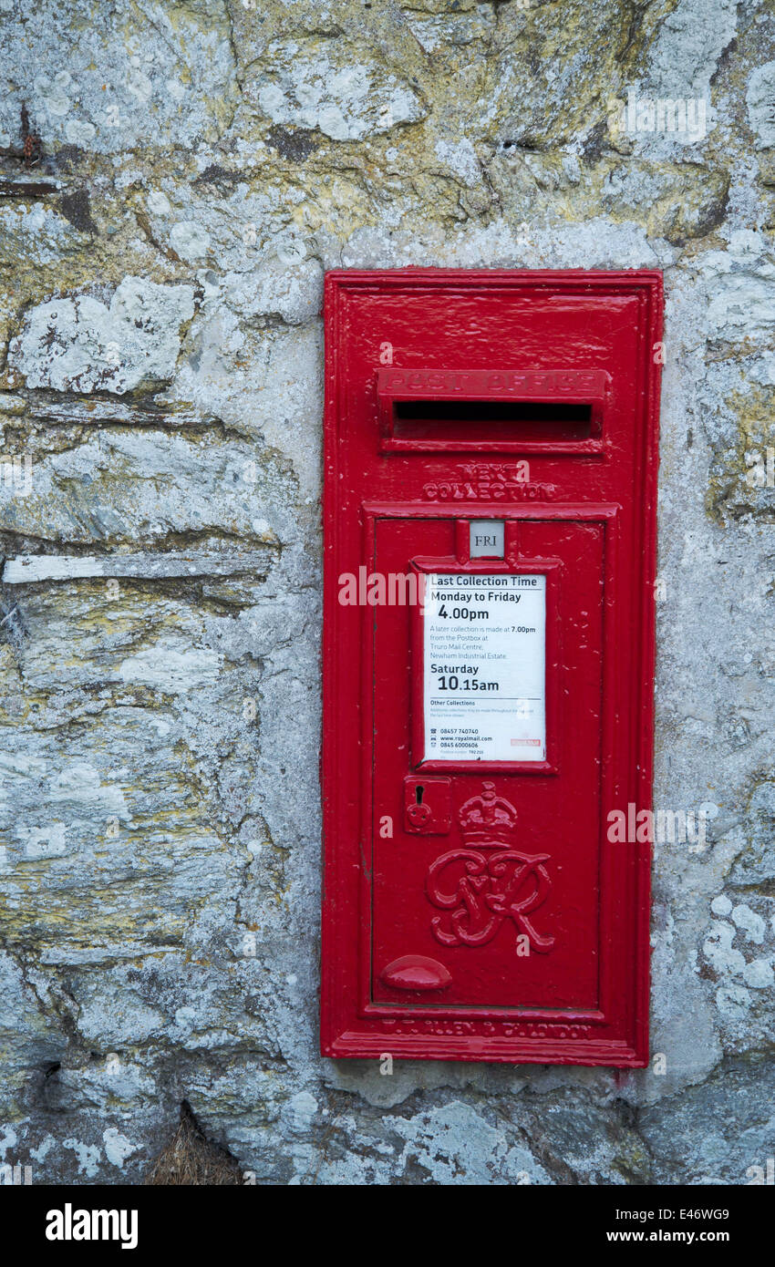 Cornwall. Roseland Peninsular. St Mawes . Red letterbox set in wall ...