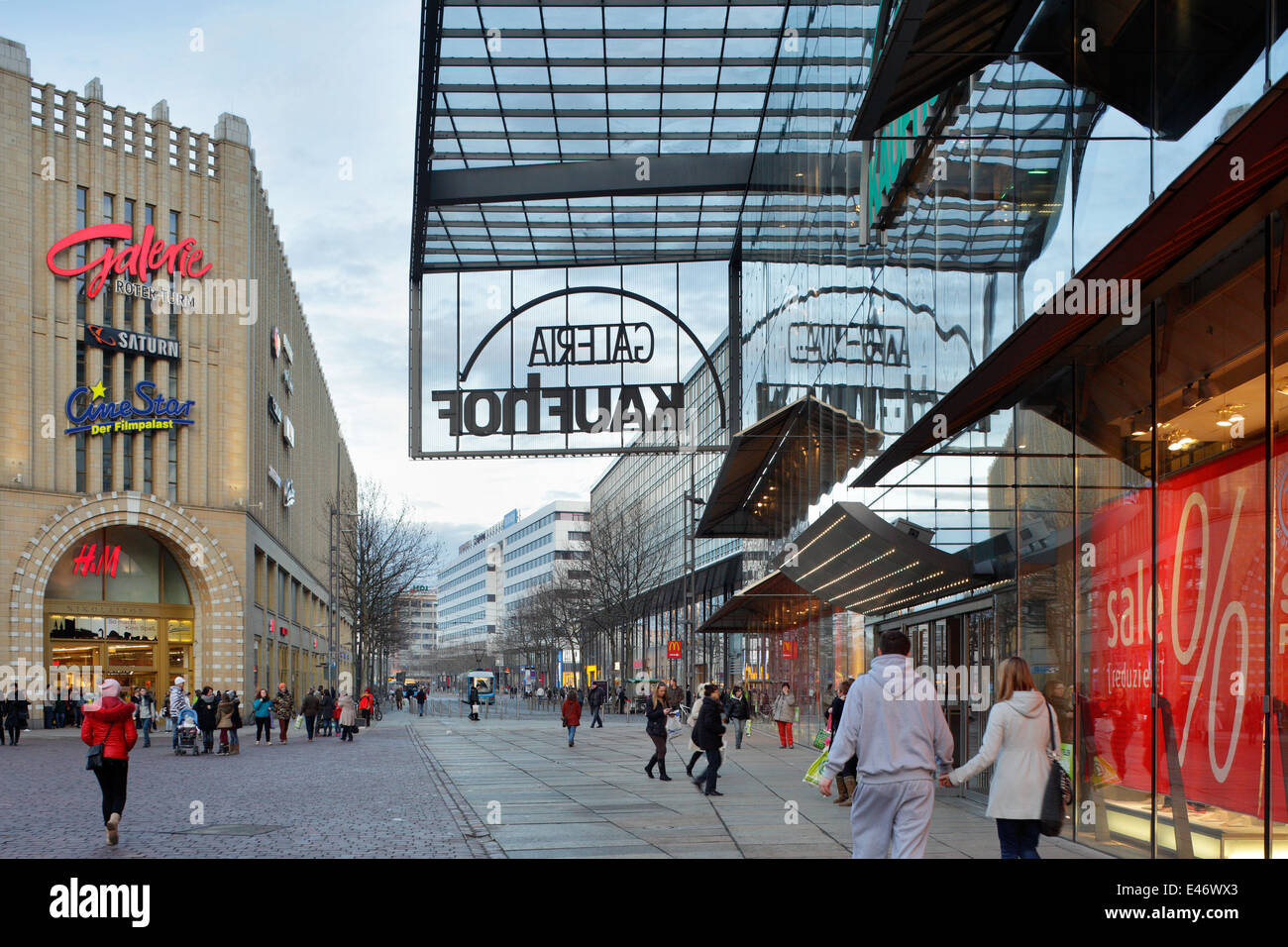 Chemnitz, Germany, pedestrian area with Red Tower Gallery and Galeria ...