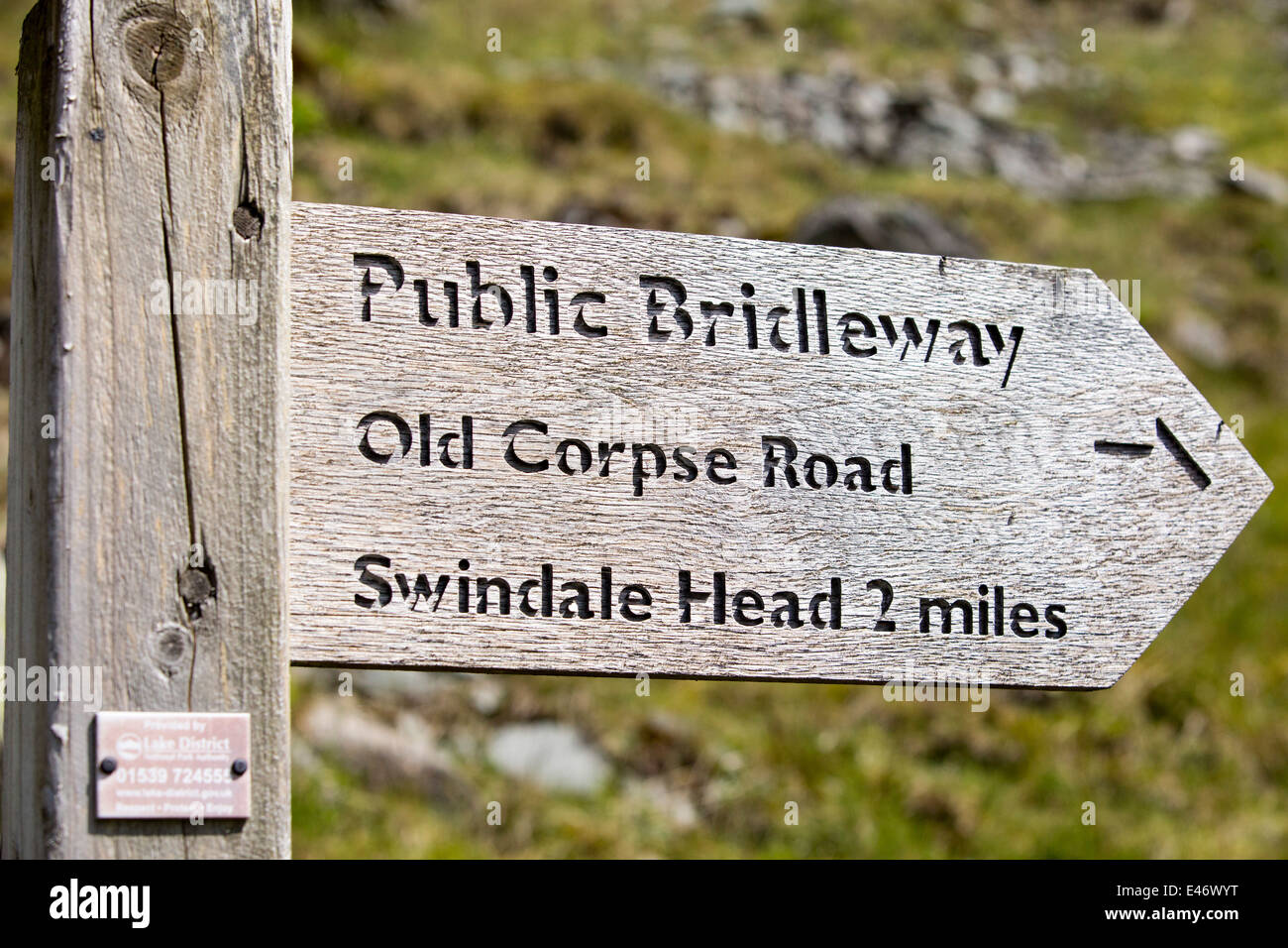 An old corpse road sign at Hawewater in the Lake District, UK. Corpse ...