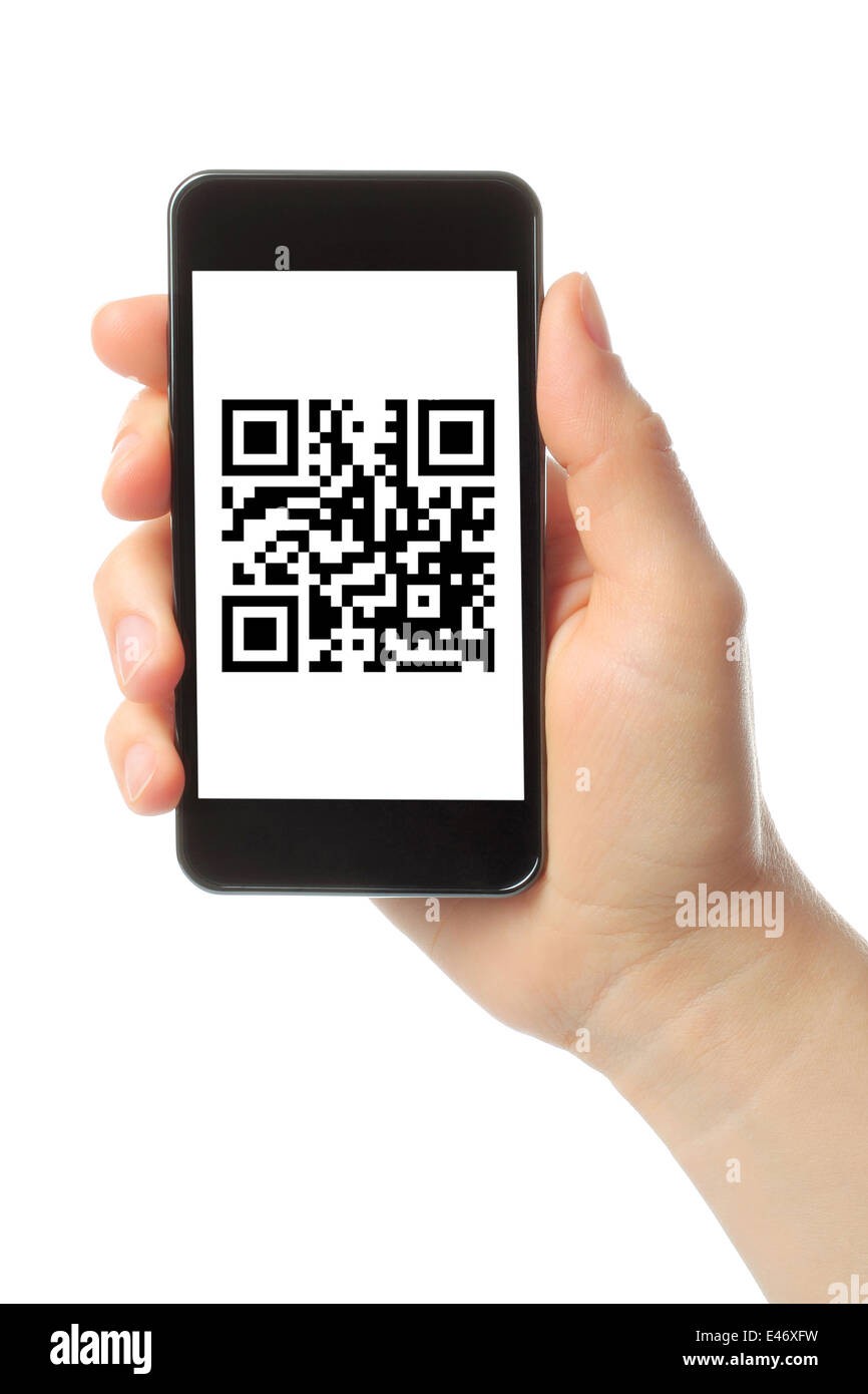 Hand holds smart phone with QR code on white background Stock Photo - Alamy