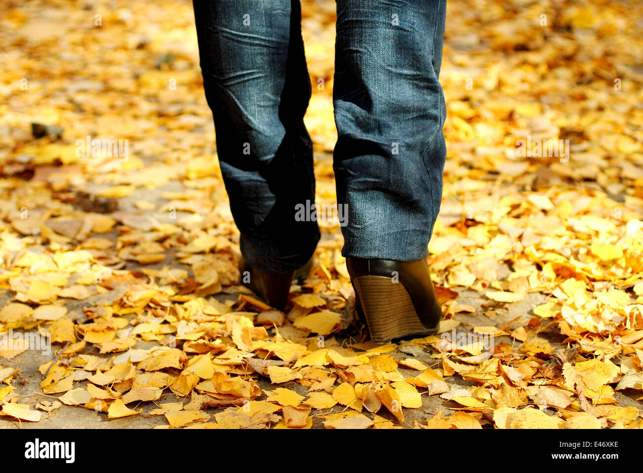 Woman walking on leaves during Autumn Stock Photo - Alamy