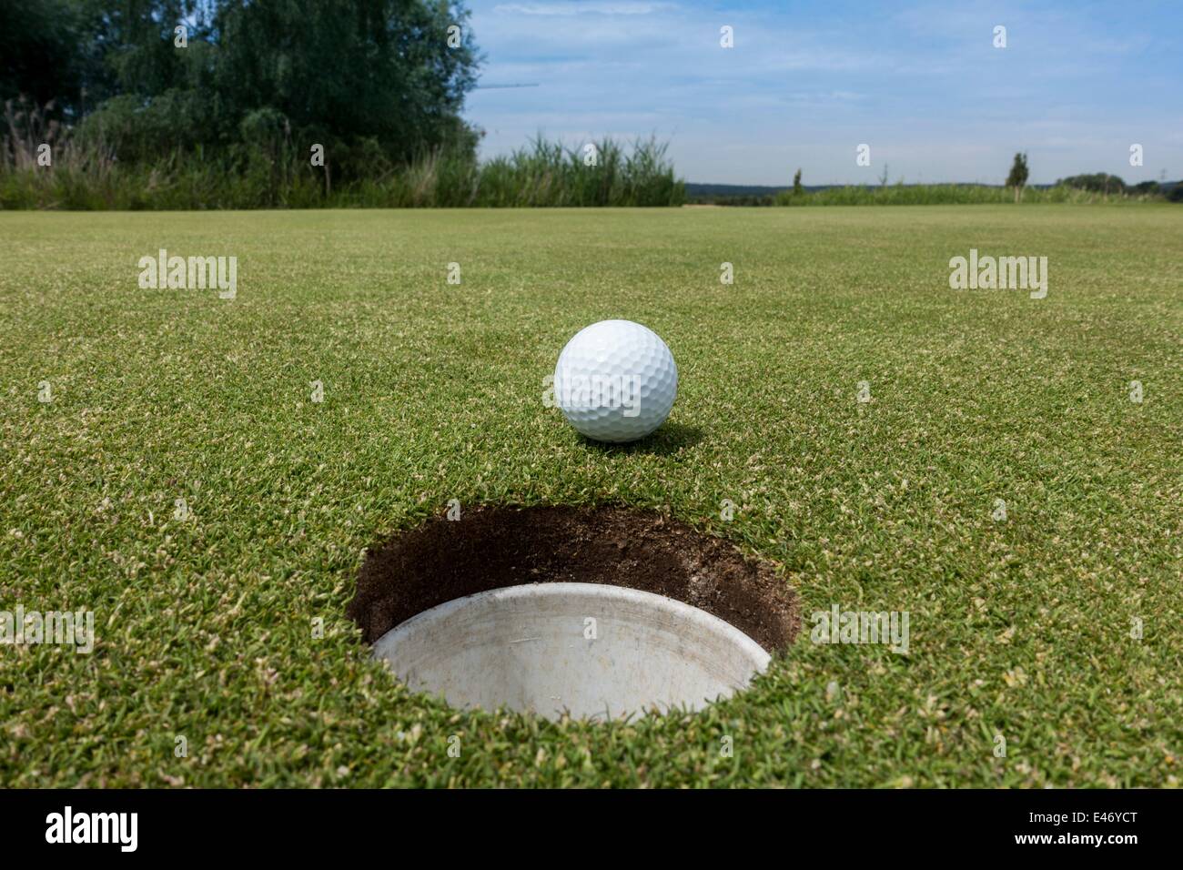 Golf ball on the green in front of the hole, Germany April 2014 Stock ...