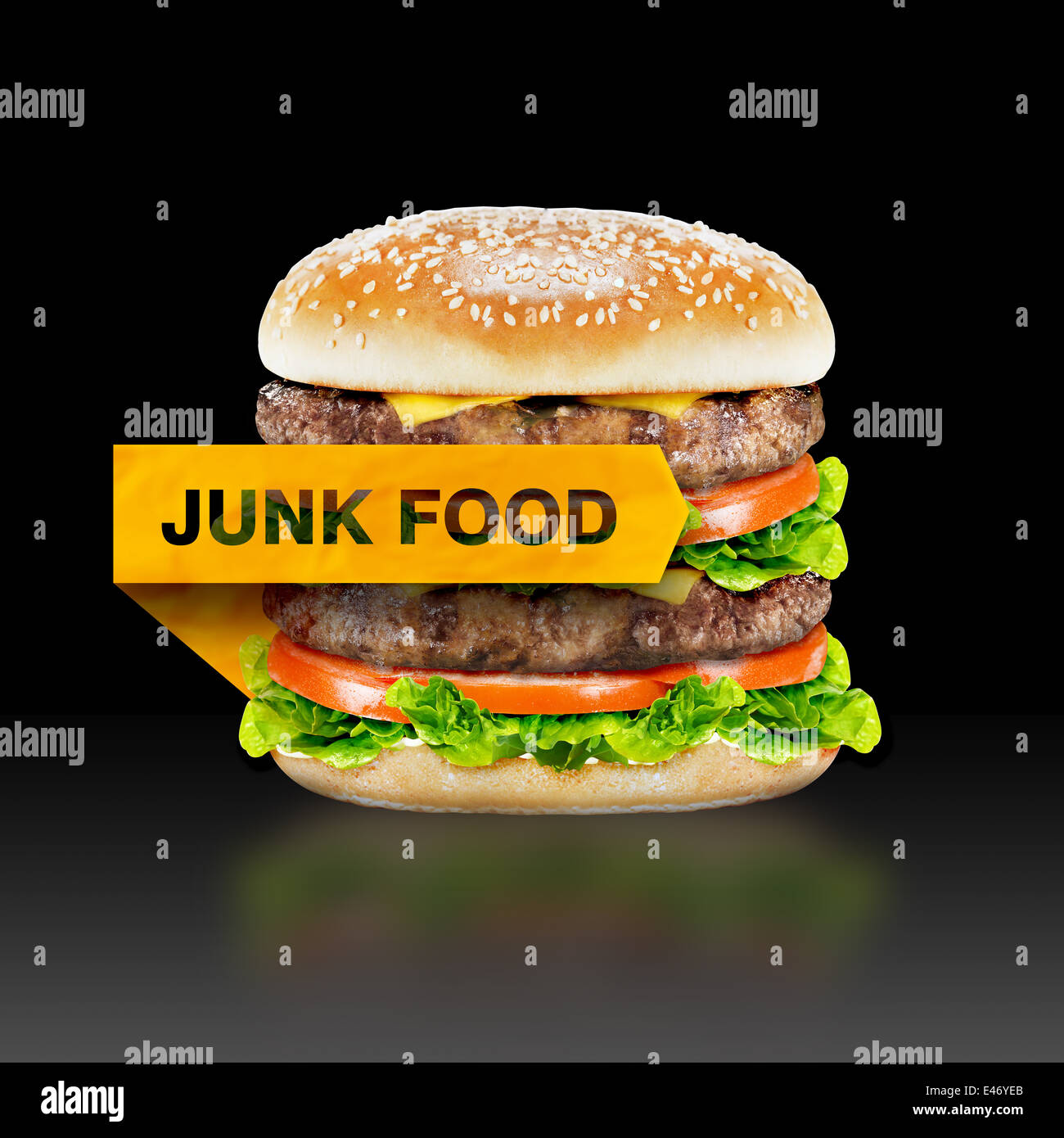 Junk Food, burger with warning message on black background with ...