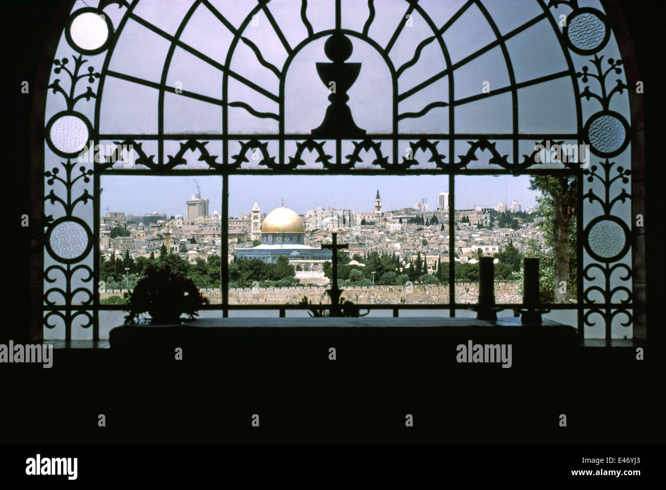View over the city of Jerusalem through window of church of Dominus ...
