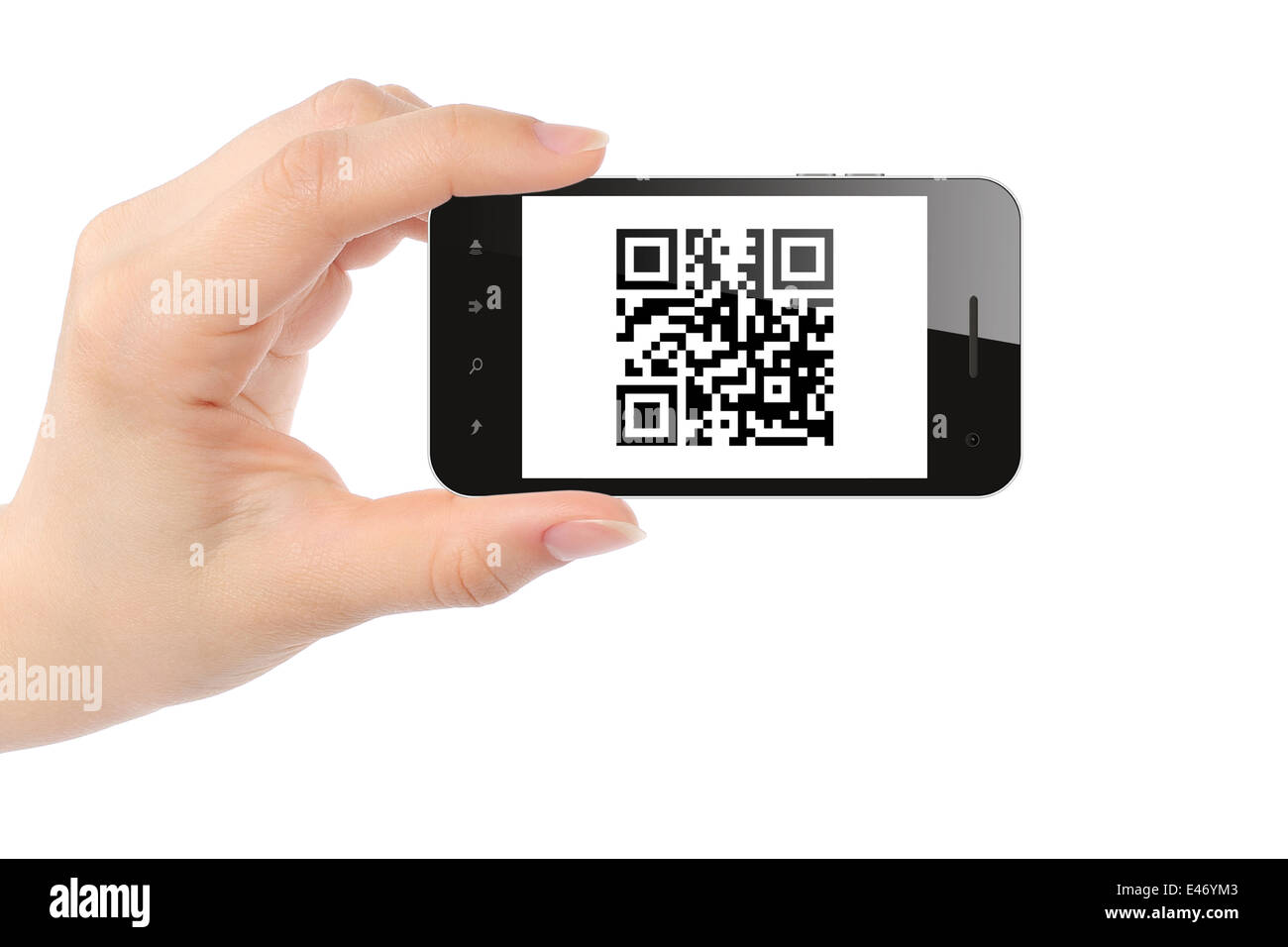 Hand holds smart phone with QR code on white background Stock Photo - Alamy