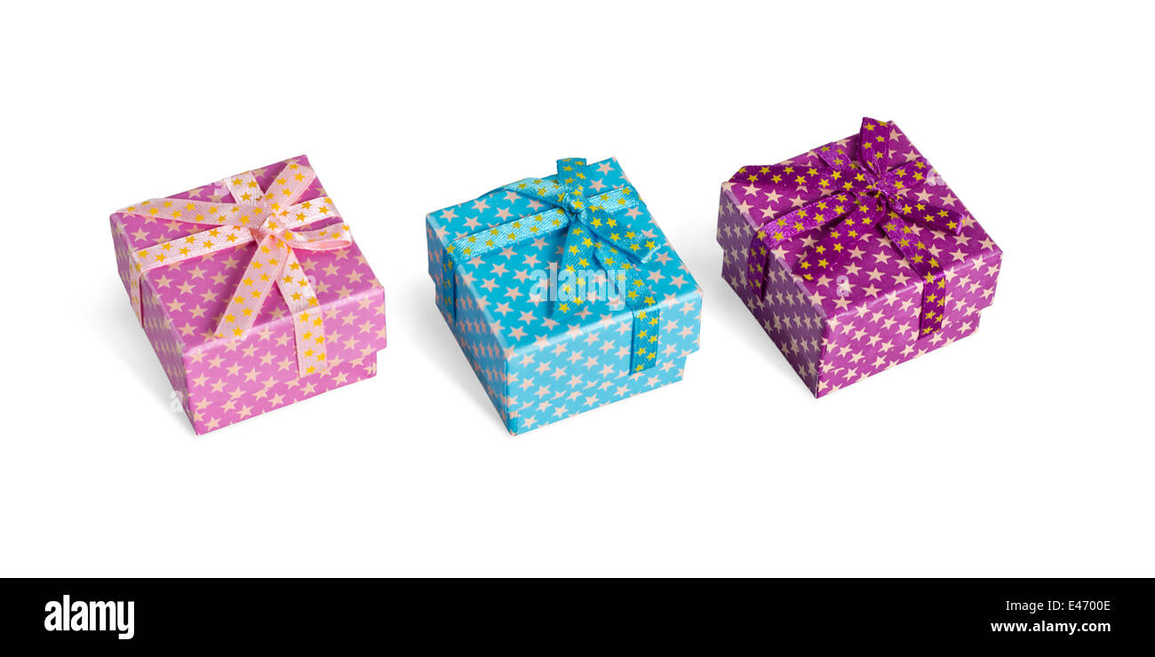Three gift boxes with ribbons isolated on white background Stock Photo ...
