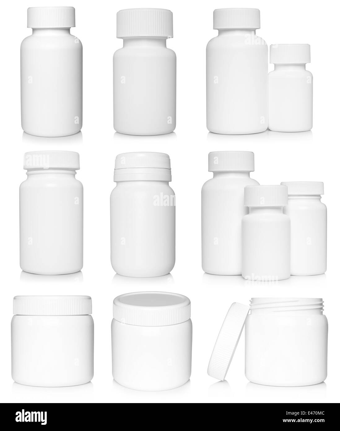 White medical containers set on white background Stock Photo - Alamy