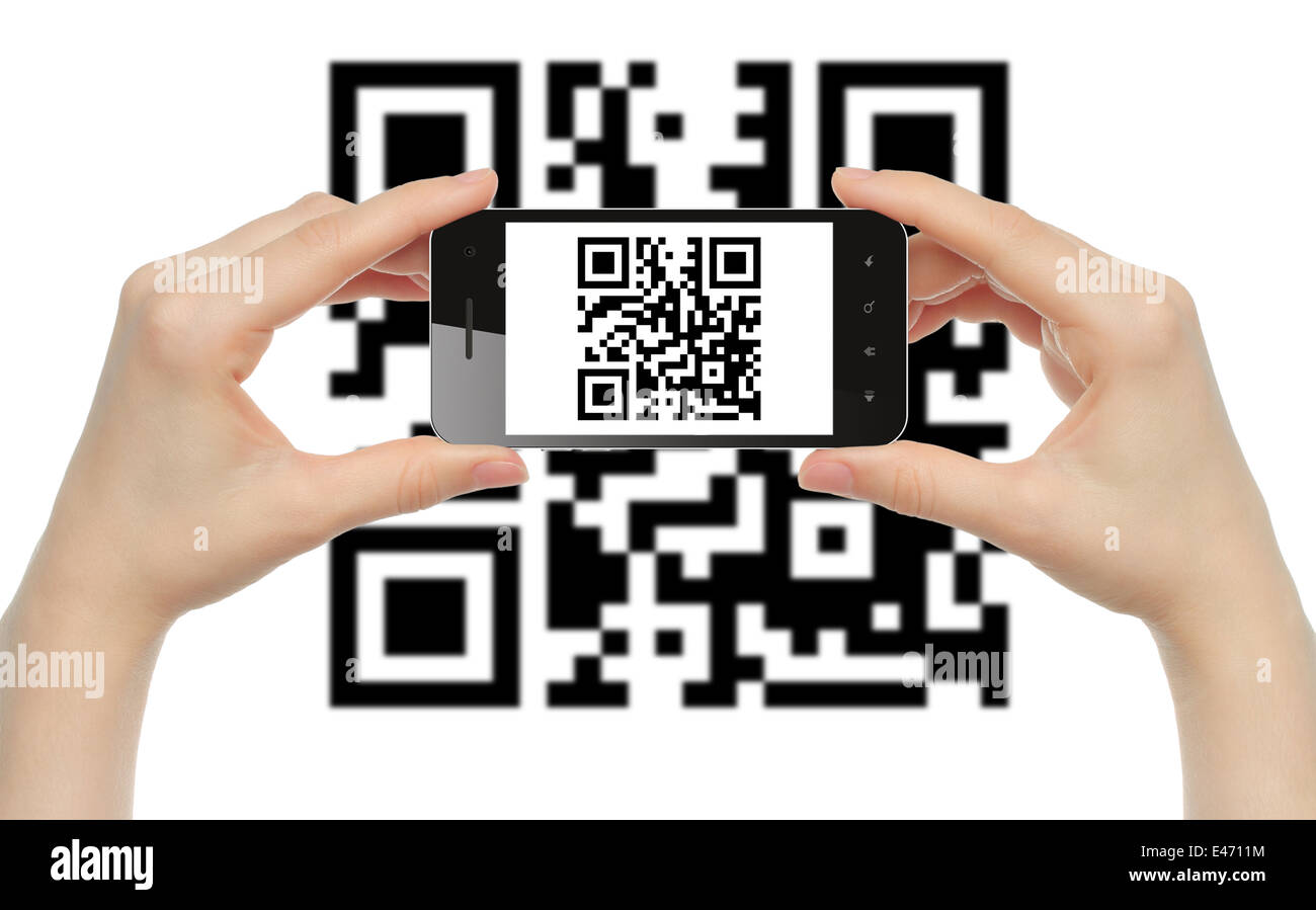 Hands hold smart phone with QR code on white background Stock Photo - Alamy