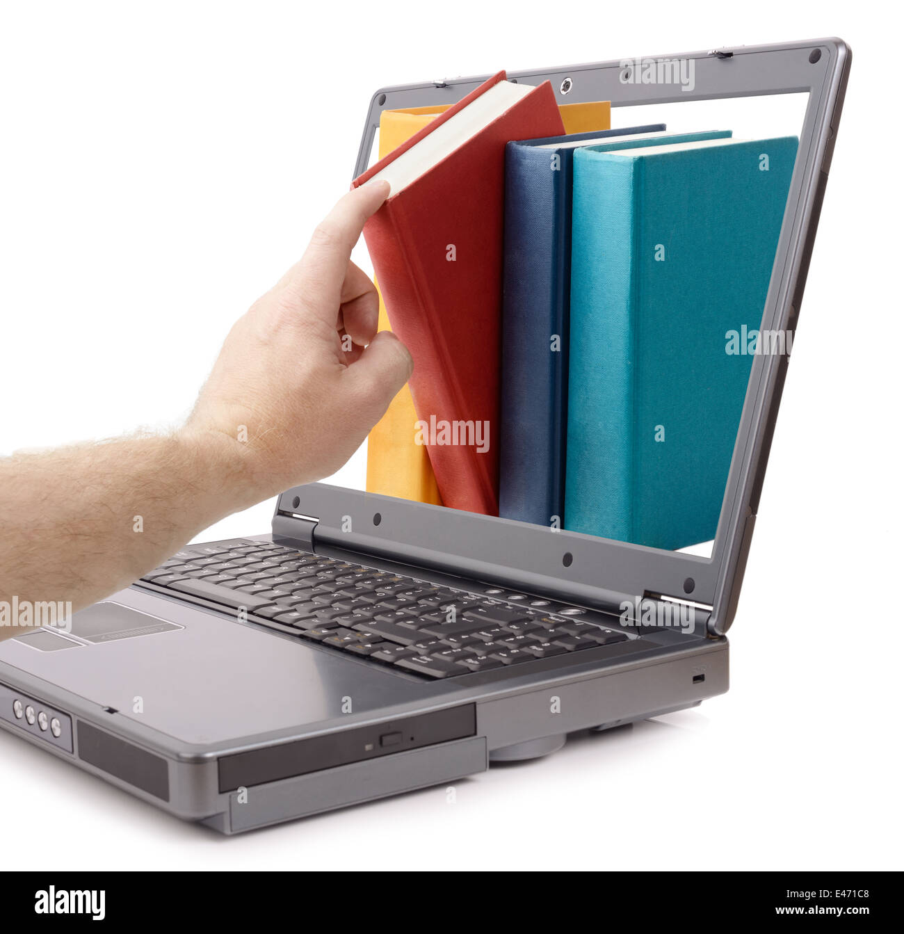 a hand taking out a book online, concept for e-learning or library ...