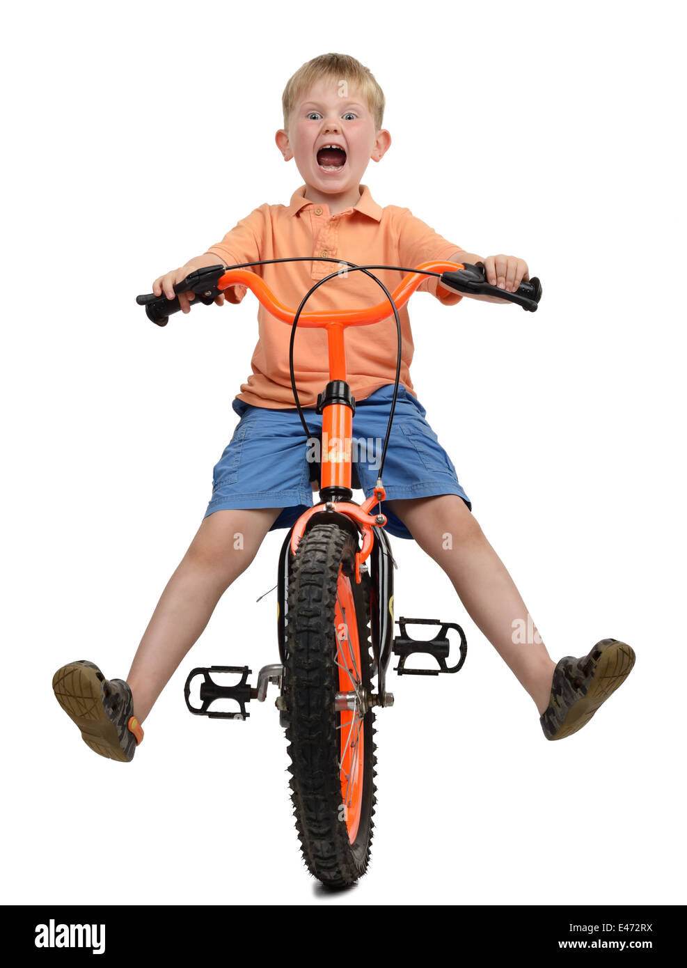 young boy about to crash with a scared look on his face, isolaed on a ...