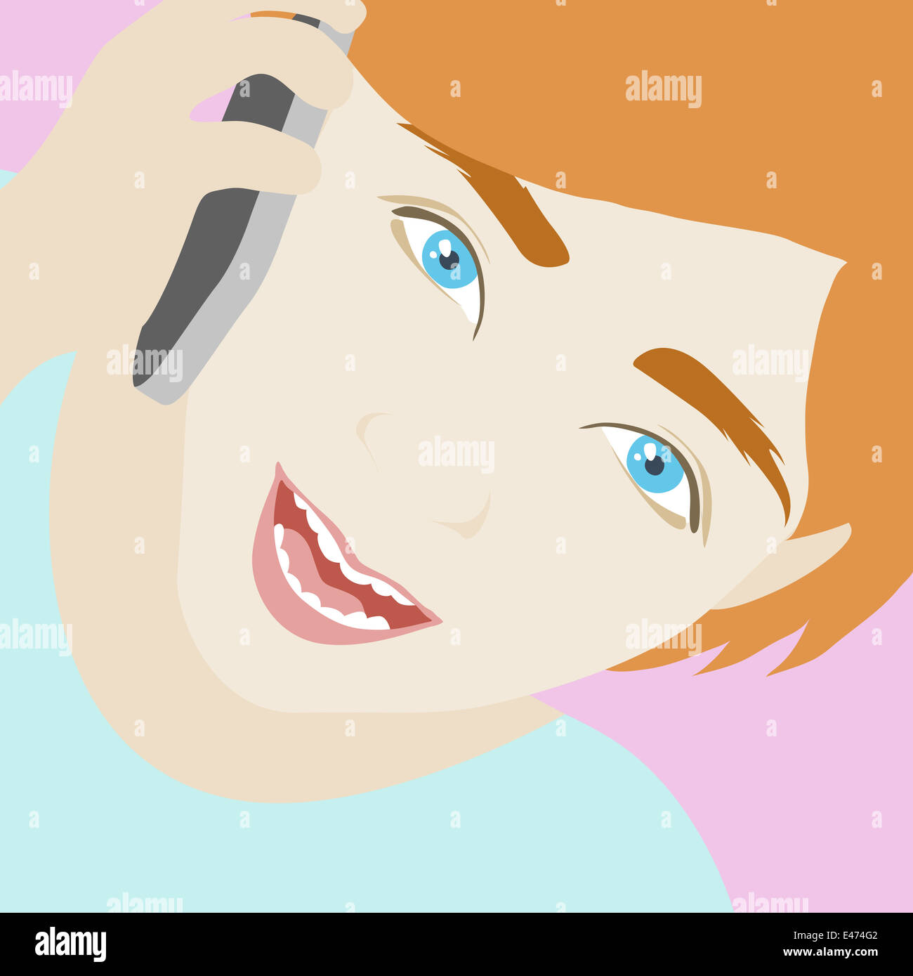 Flat illustration of happy cute smiling girl speaking on mobile phone ...