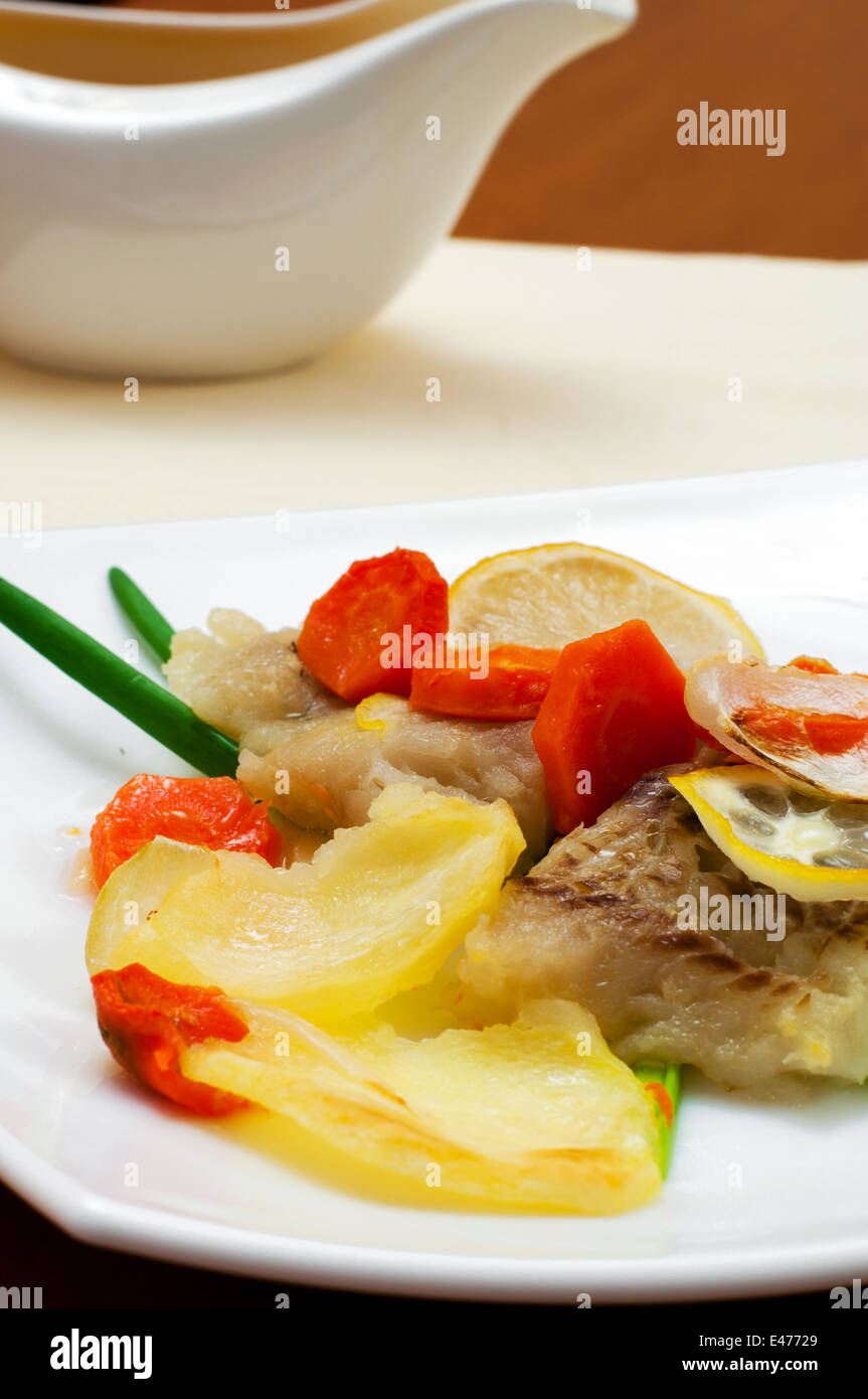 Fish cod vegetables potatoes carrots onions green fillet portion ...