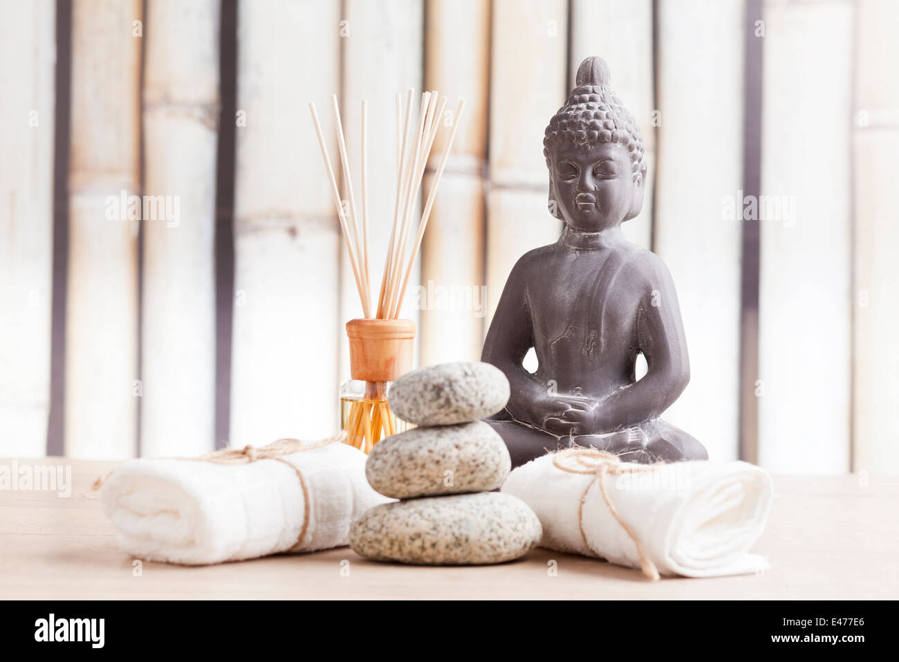 buddha statue and spa items in sauna, relaxation background Stock Photo ...