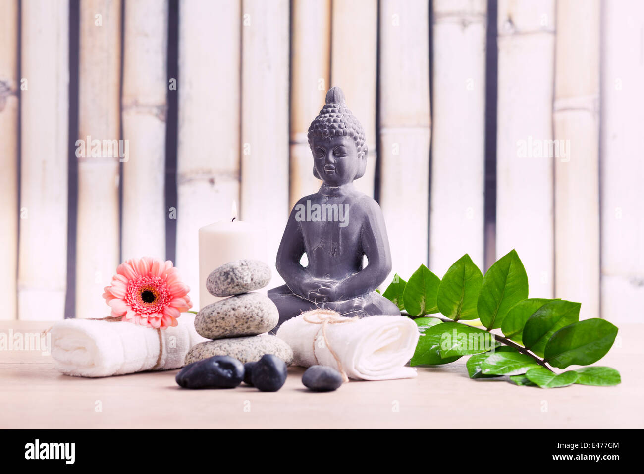 buddha statue and spa items in sauna, relaxation background Stock Photo ...