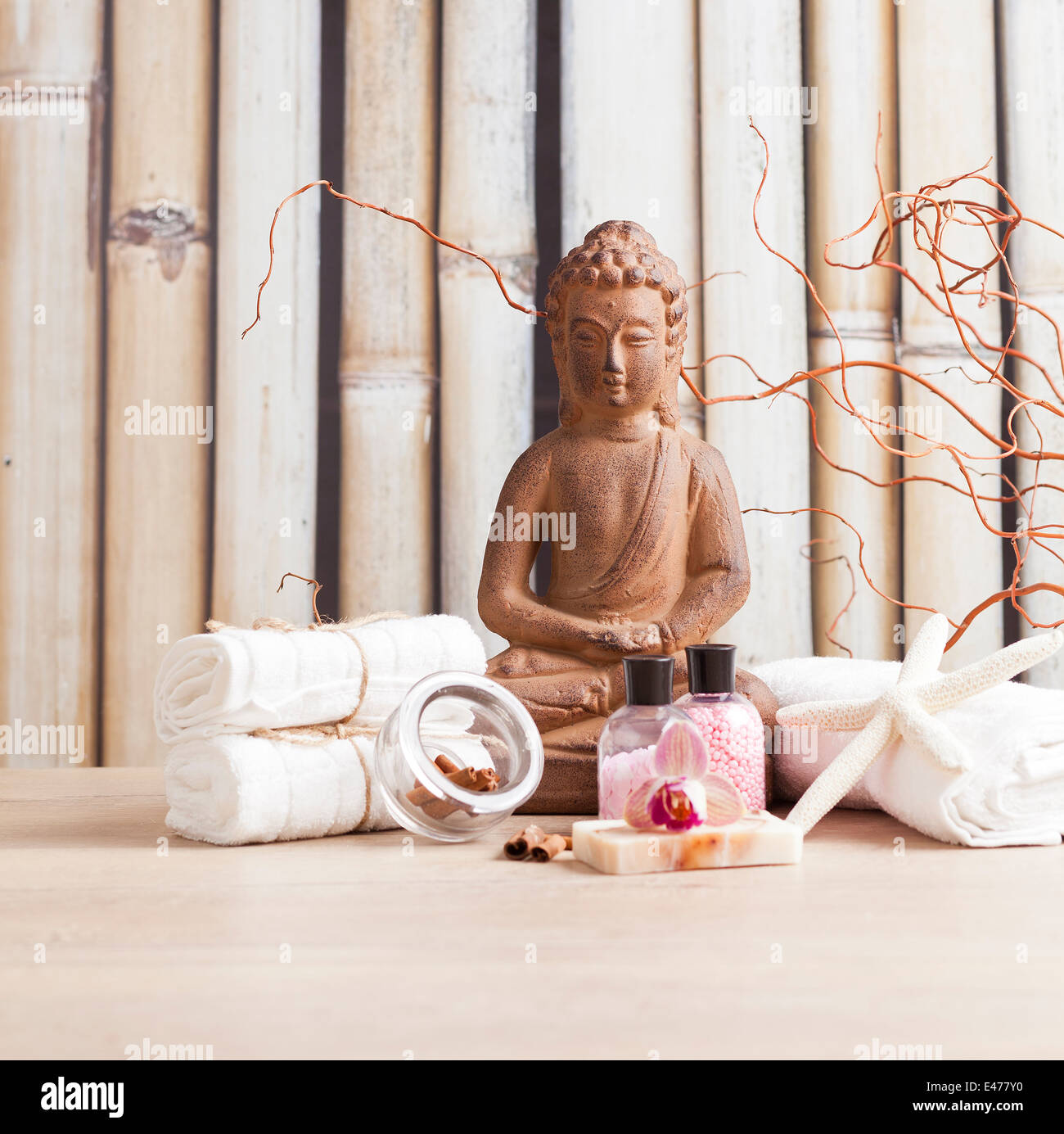 buddha statue and spa items in sauna, relaxation background Stock Photo ...