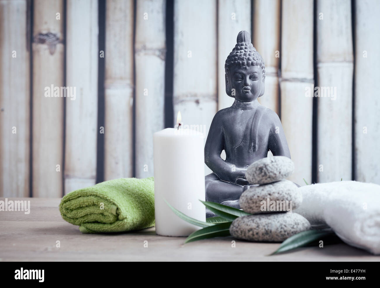buddha statue and spa items in sauna, relaxation background Stock Photo ...