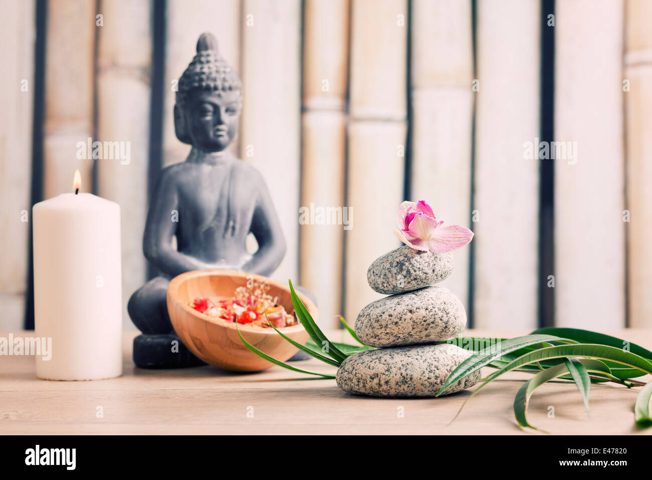 buddha statue and spa items in sauna, relaxation background Stock Photo ...