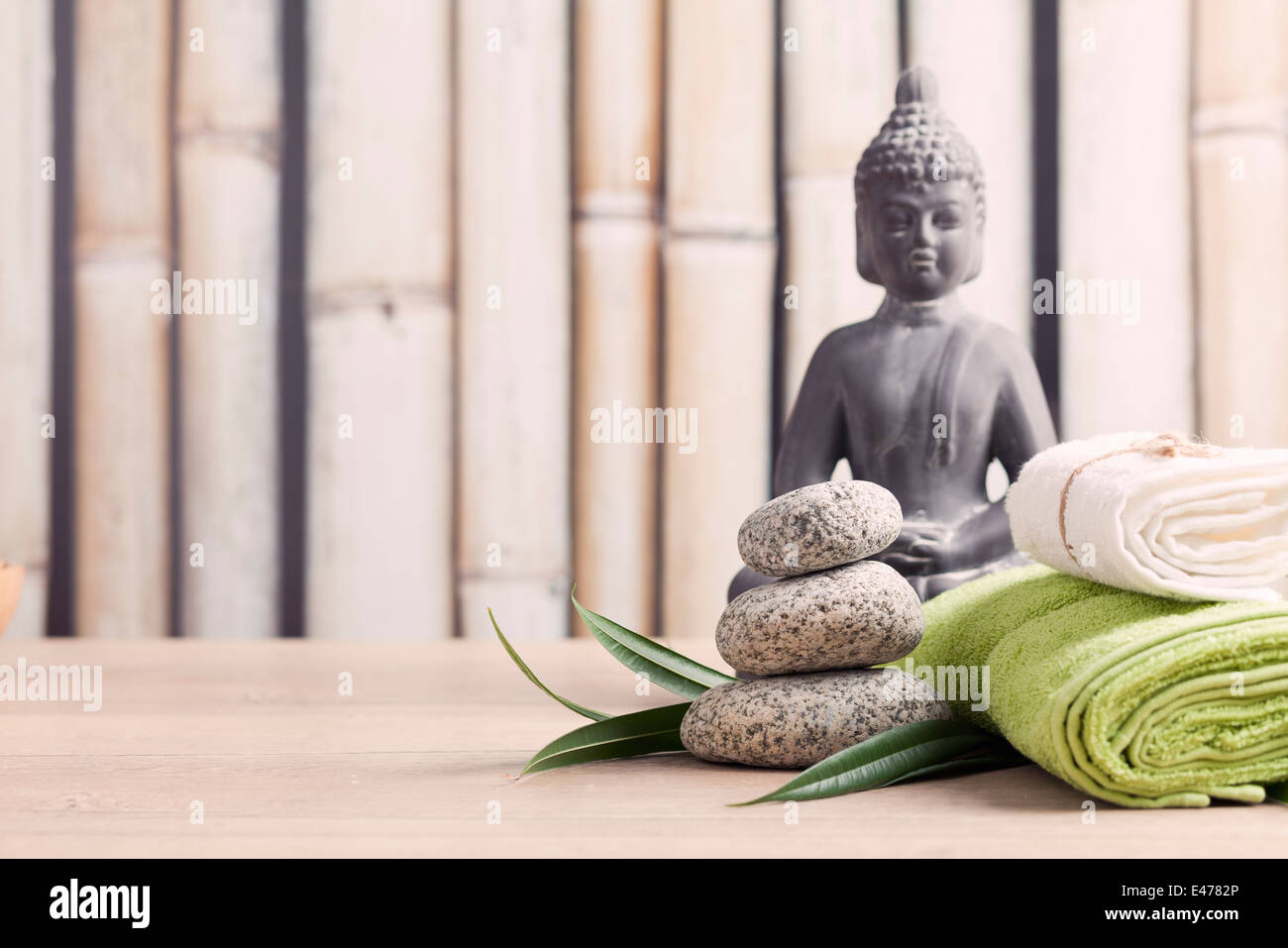 buddha statue and spa items in sauna, relaxation background Stock Photo ...