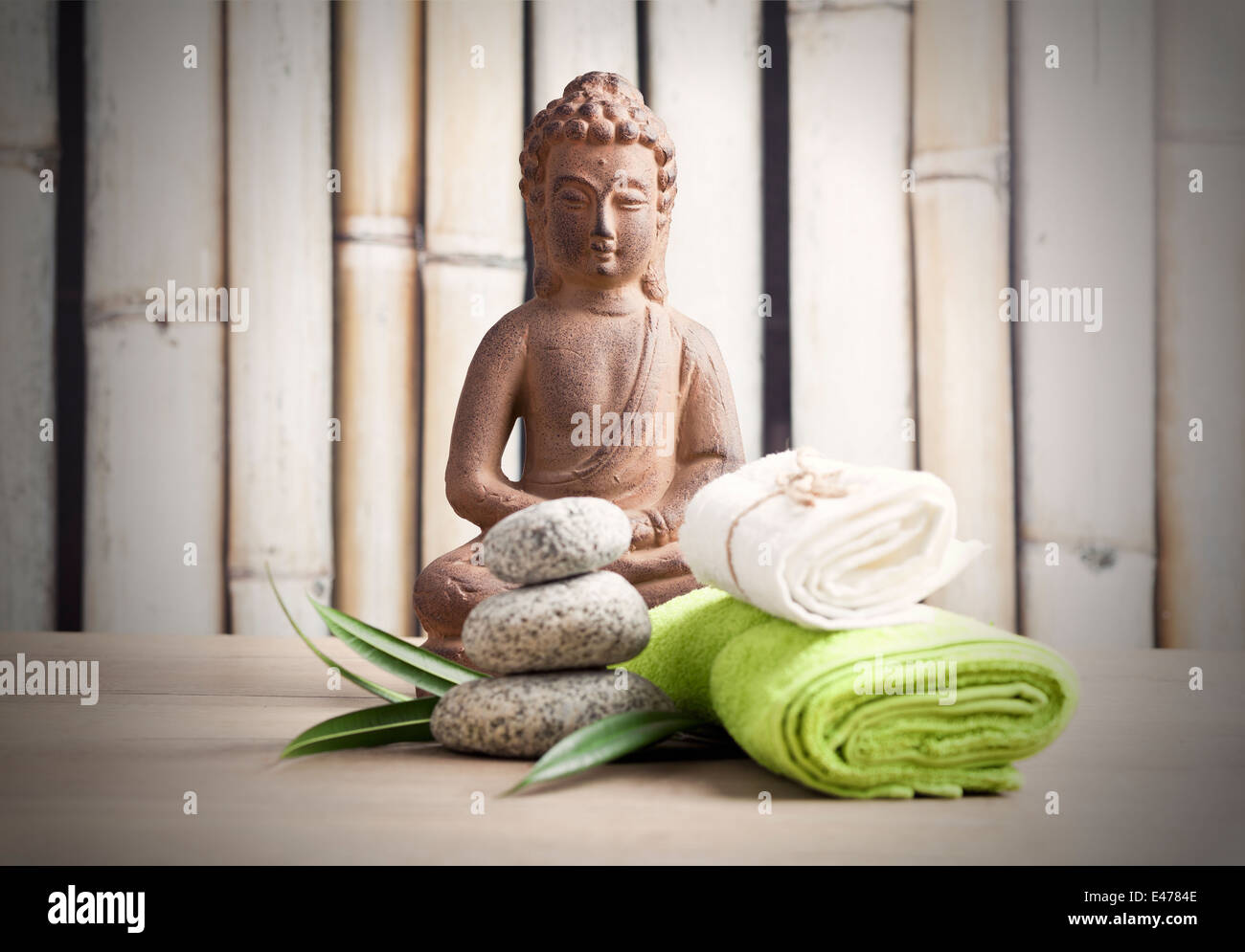 buddha statue and spa items in sauna, relaxation background Stock Photo ...