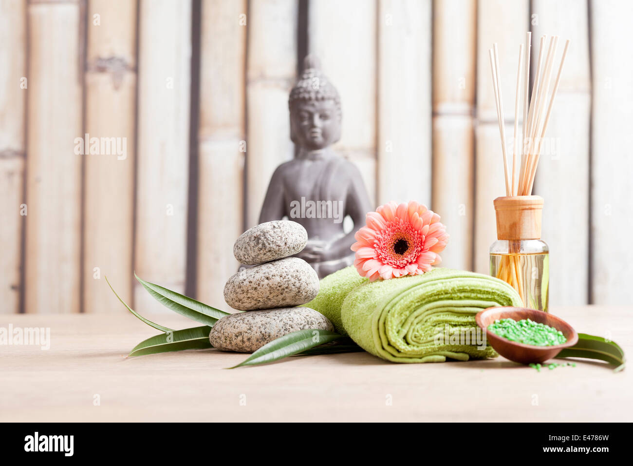 buddha statue and spa items in sauna, relaxation background Stock Photo ...