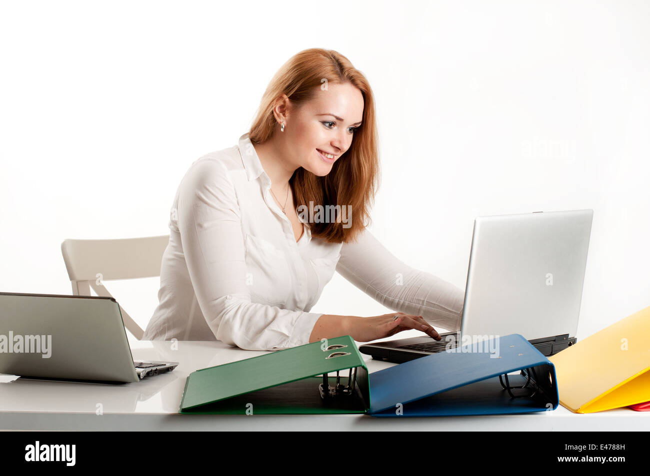 woman office accounting young table paper documents computer laptop ...