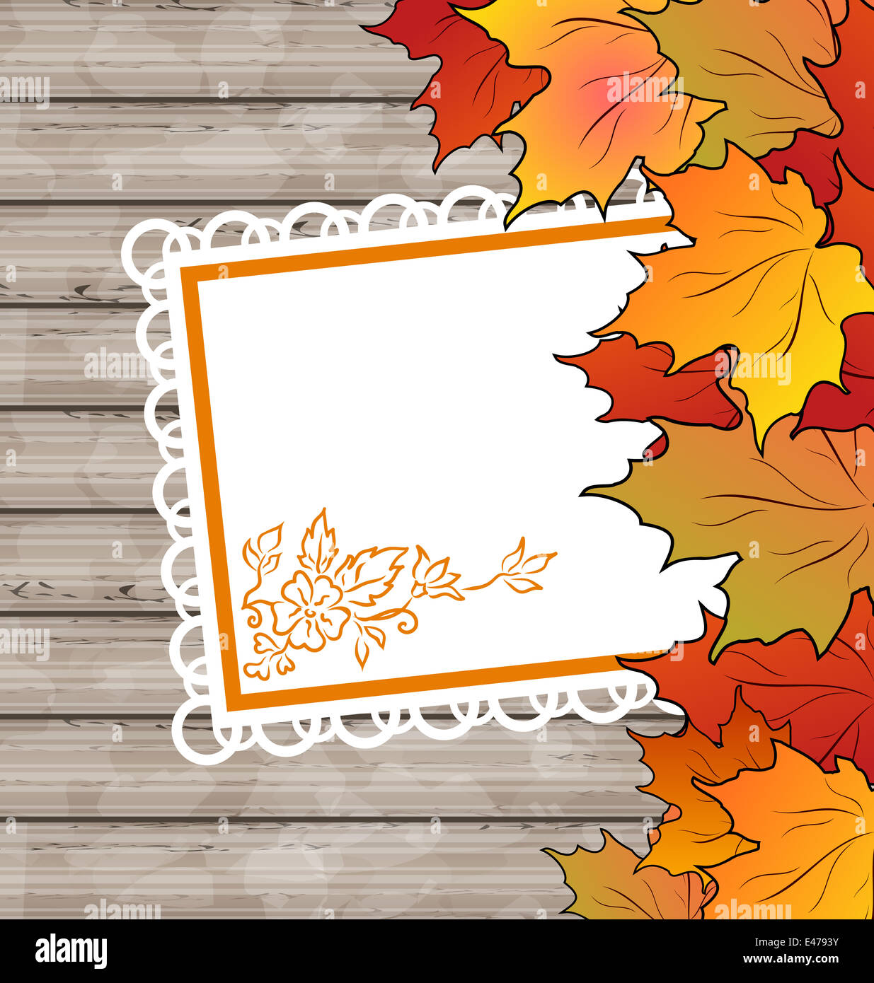 Illustration autumn card with leaves maple, wooden texture Stock Photo ...