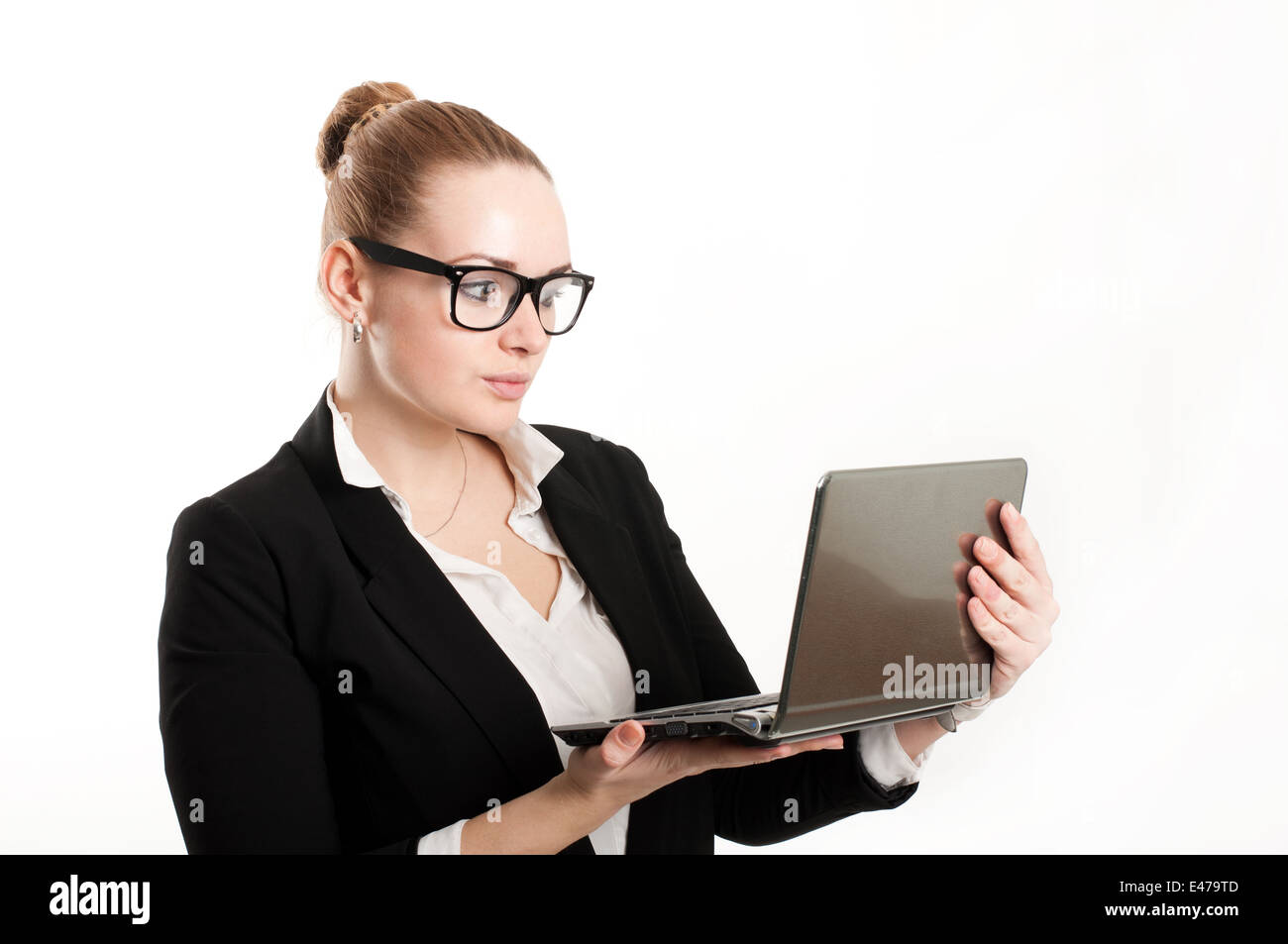 woman netbook show hand fingers glasses adult attractive background ...