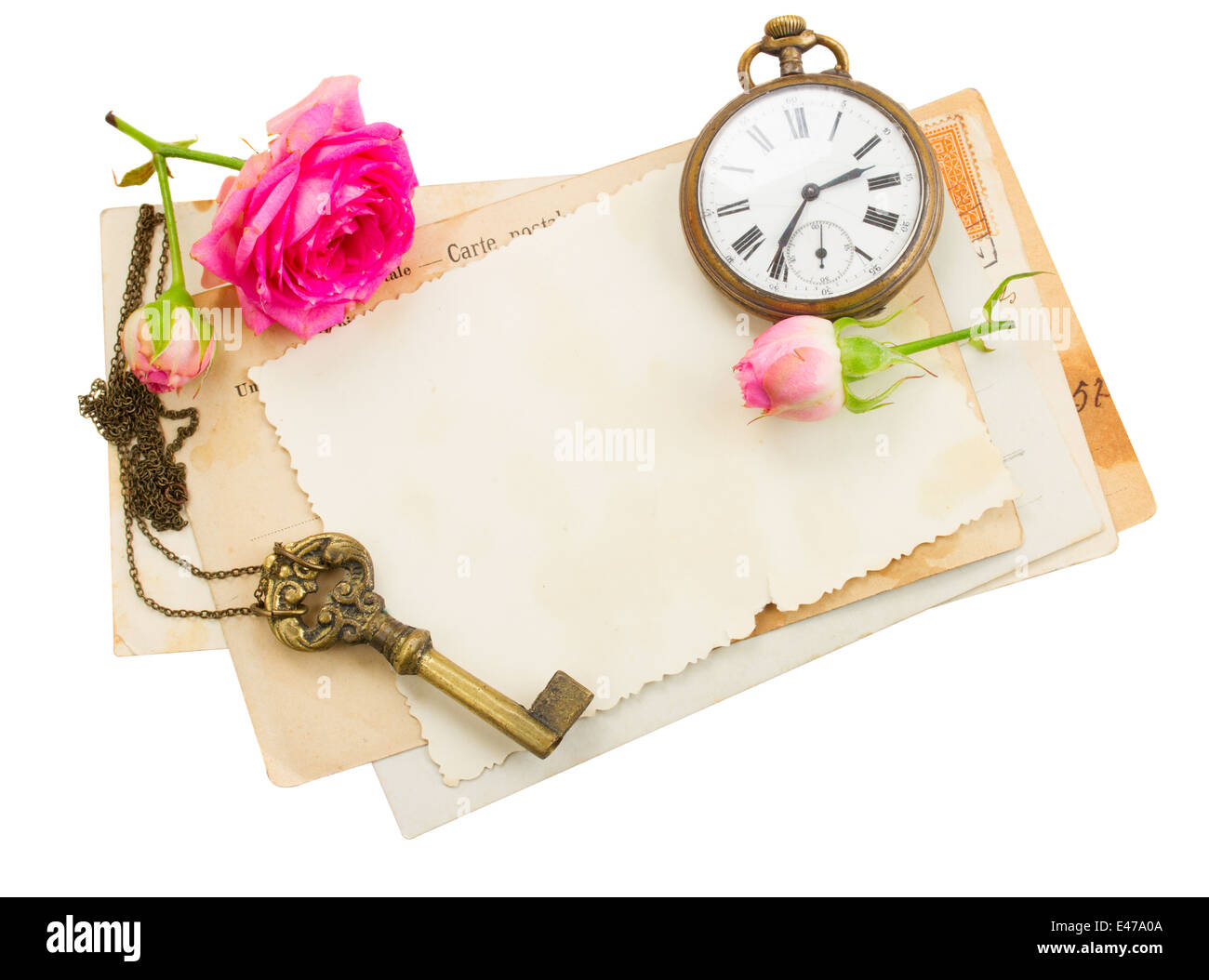 bunch of old papers with roses Stock Photo - Alamy