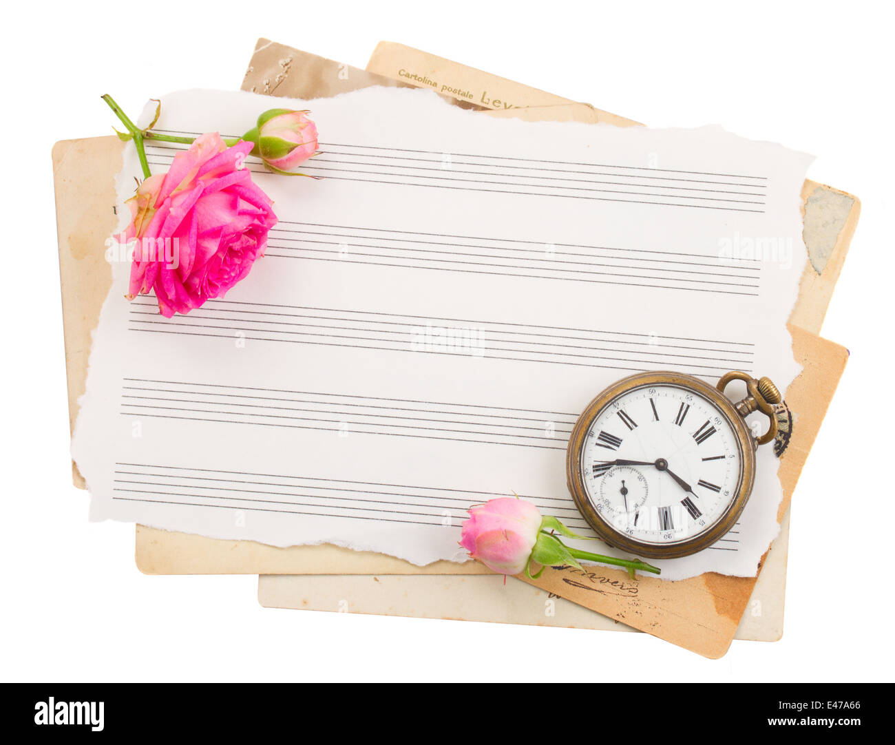 bunch of old note papers with antique clock Stock Photo - Alamy