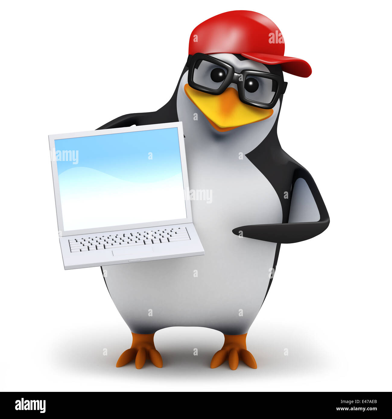 3d Academic penguin holding his new laptop Stock Photo - Alamy