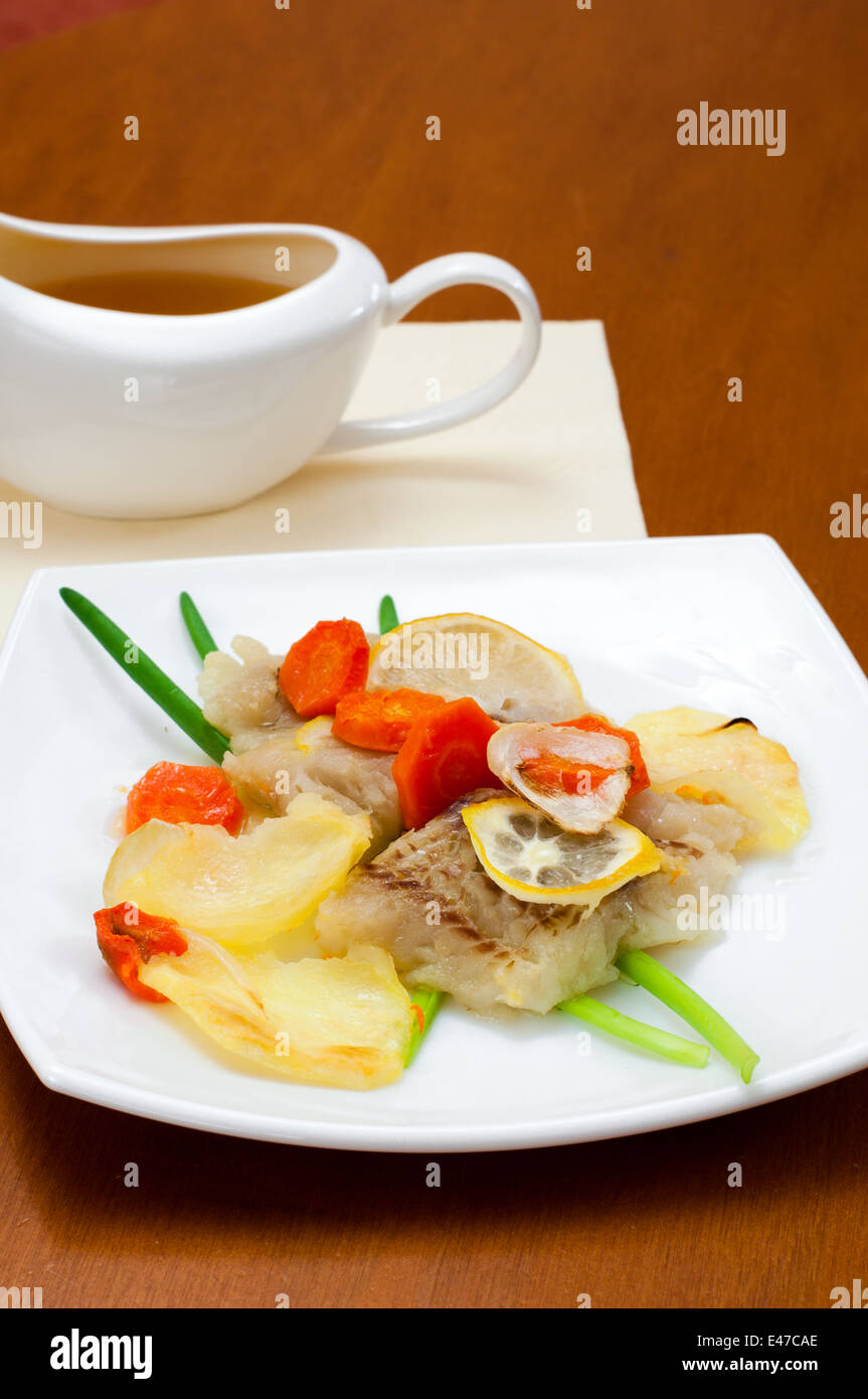 Fish cod vegetables potatoes carrots onions green fillet portion ...